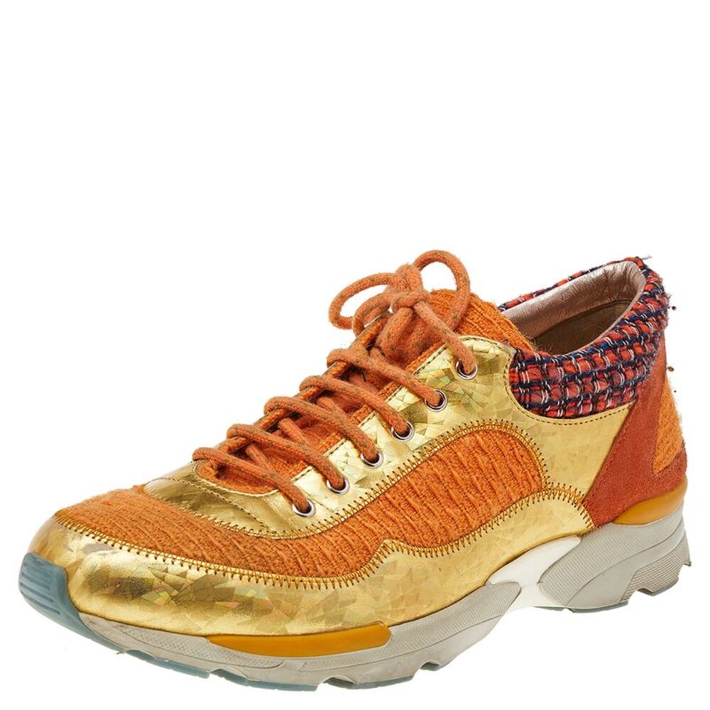 Chanel Orange/Gold Tweed And Suede Cc Low Top Sneaker… - Gem